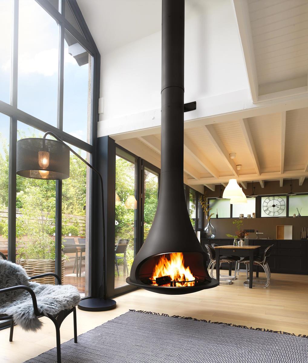 Cheminées design double-face, cheminées centrales et suspendues